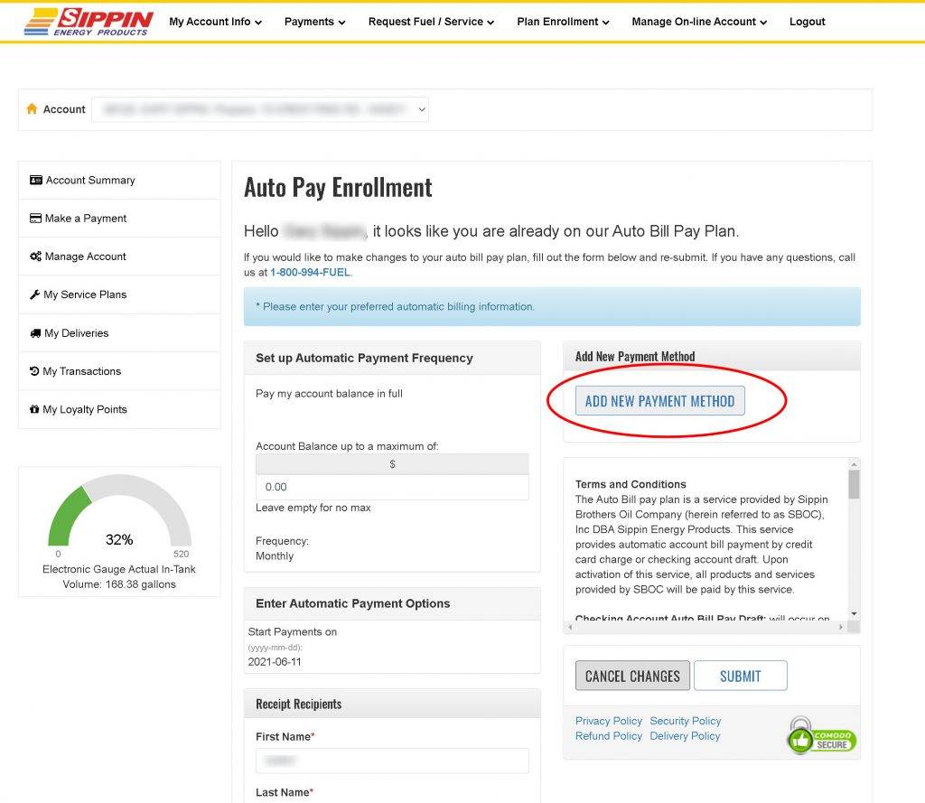 Auto Bill Pay Edit Credit Card - Sippin Energy Products